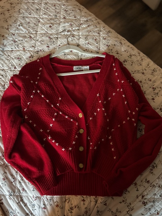 Lucia | Sweaters | Red Knit Cardigan Sweater With Embroidered Detail ...